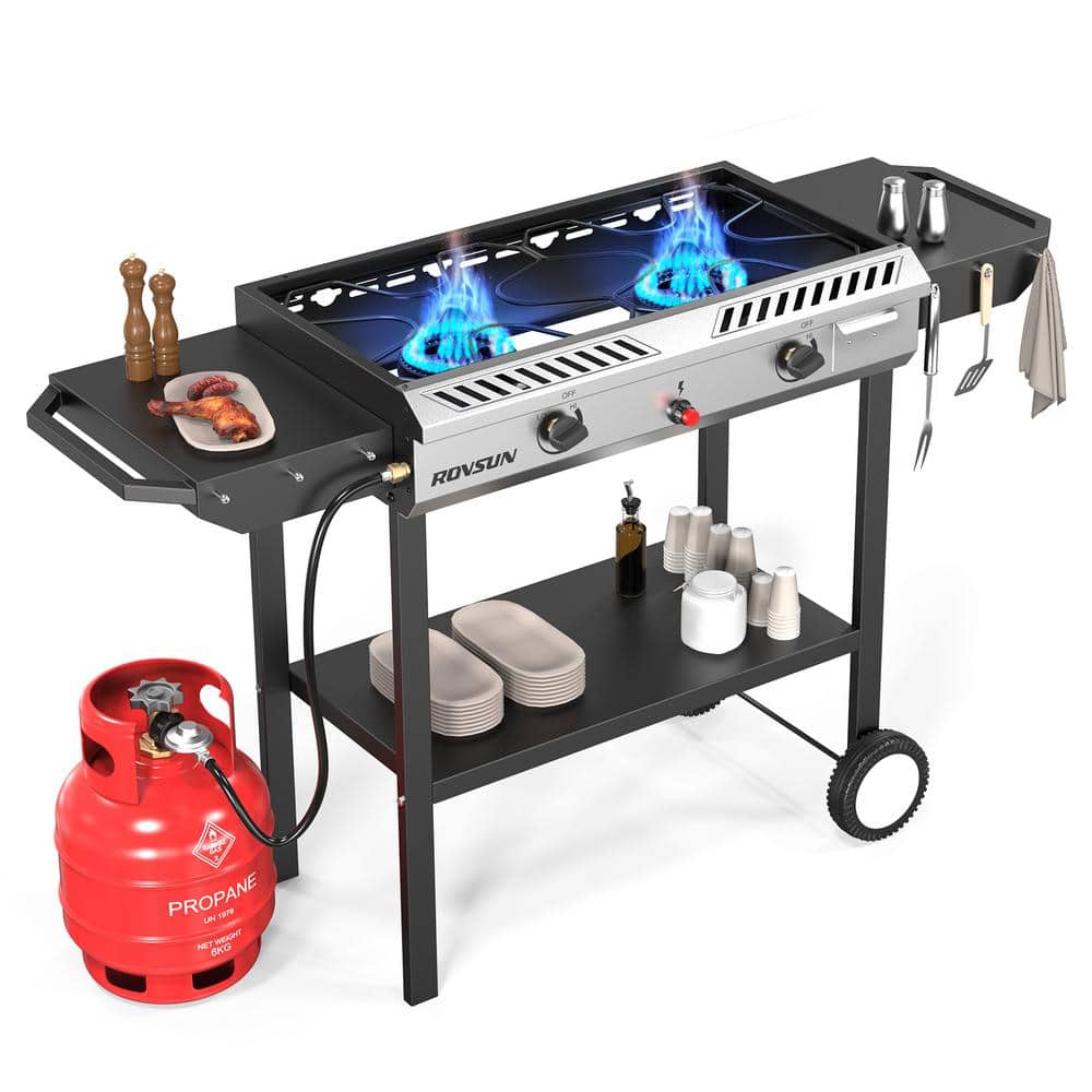 ROVSUN 2 Burner Outdoor Propane Gas Stove with Auto-ignition 150,000 BTU Stand Cooker ...