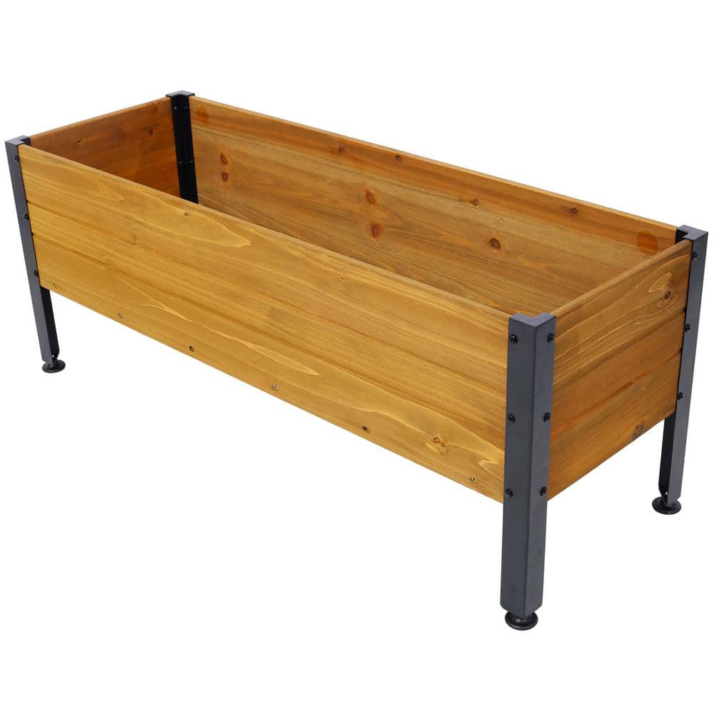 Zeus & Ruta Black Metal Brown Wood Raised Garden Planter Box with ...