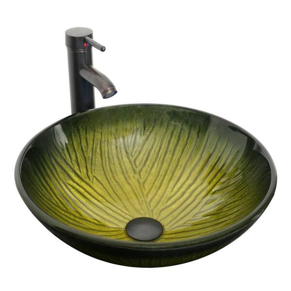 Eclife Cameo Solid Tempered Glass Round Vessel Sink In Tea Green With Faucet Pop Up Drain Set