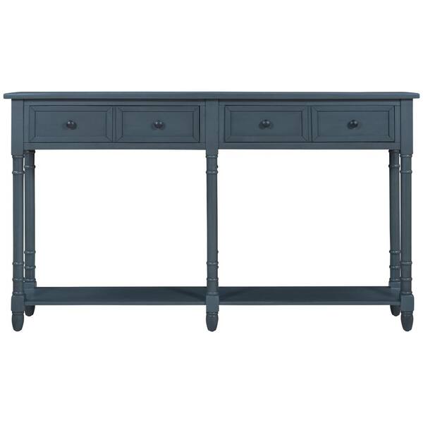 Qualler 58 in. Rectangle Antique Navy Wood Console Table with 2-Storage ...