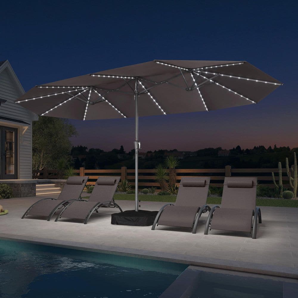 PURPLE LEAF 15 ft. Gray Aluminum Solar LED Lights Market Umbrella with ...