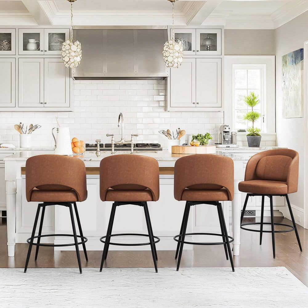 OrangeOne 39 in. Brown Faux Leather Swivel Bar Stool Metal Frame Bar Chair Counter H8 Bar Stool ...