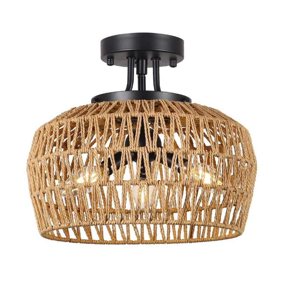 Tatahance 12.6 in. W 3-Light Brown Semi-Flush Mount Rattan Ceiling Light with Handmade Wicker ...