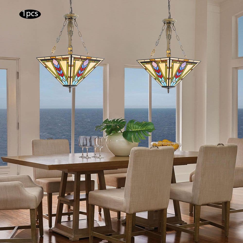 OUKANING 5-Light Bronze Retro Shaded Pendant Light with Multicolored Glass Shade for Living Room ...