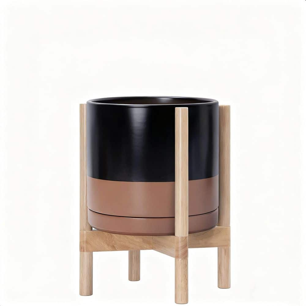 OGETFUUR Black Speckled Tan Ceramic Round Flower Planter Pot with Wood ...