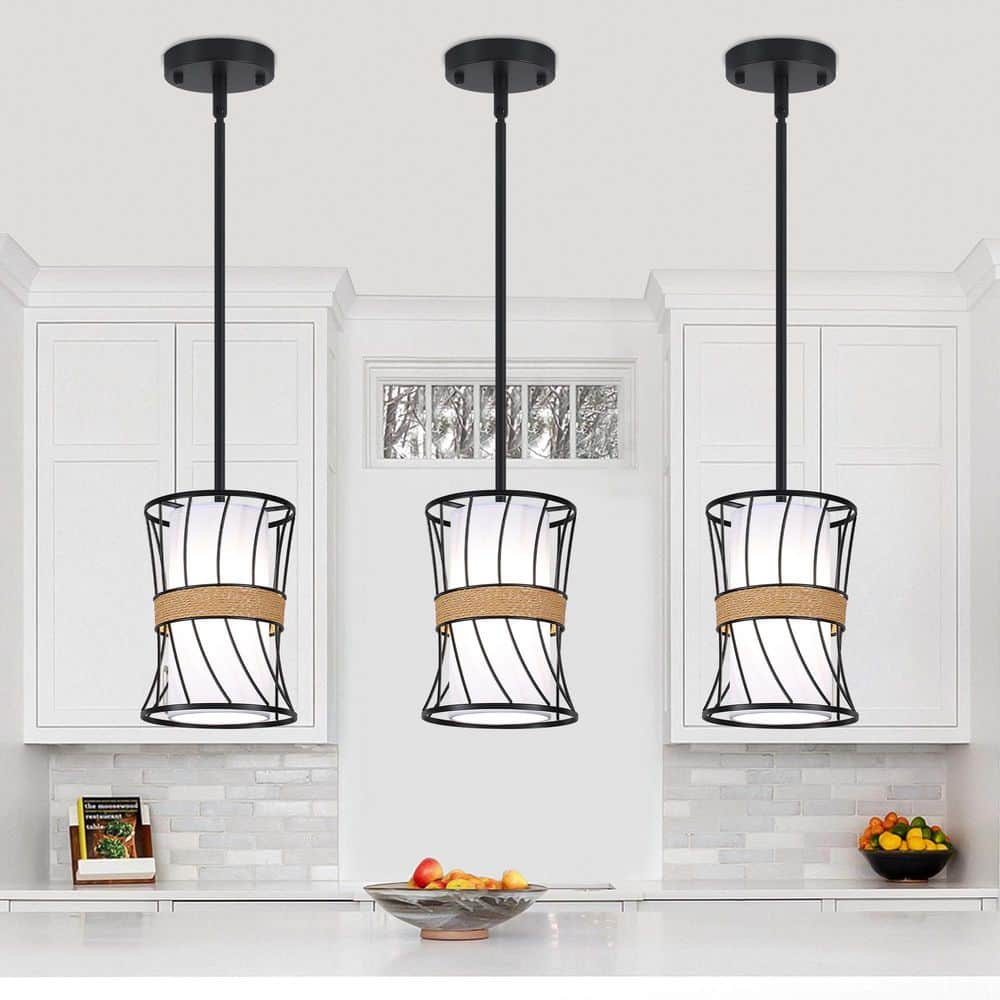 ZSMIHDOH 1-Light Matte Black Modern Drum Pendant Light with White Fabric for Dining Room (Set of ...