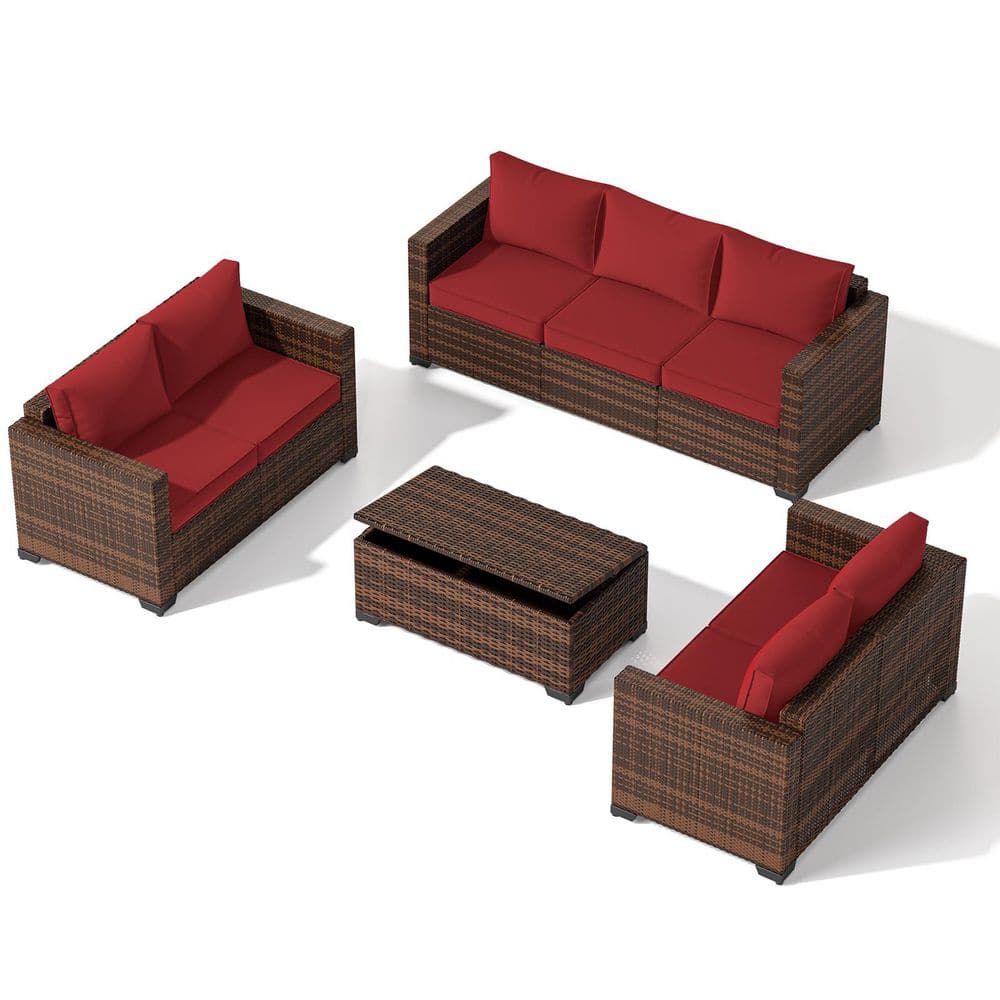 ELPOSUN 7-Seat 4-Piece Rattan Wicker Outdoor Patio Conversation Deep Seating Sofa Set with Red ...