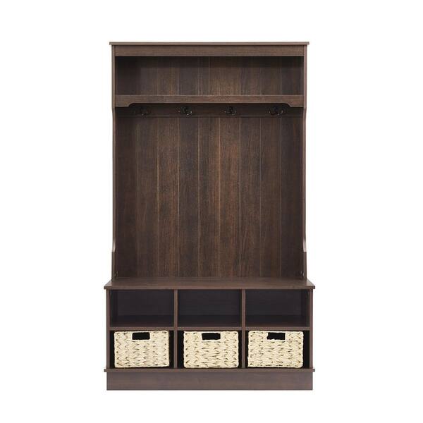Modern Walnut 3-In-1 Entryway Hall Tree with Storage Baskets and Coat ...