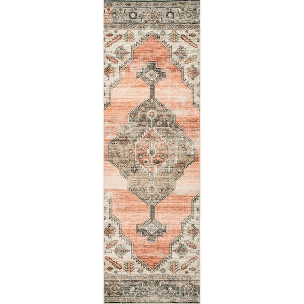 nuLOOM Gracie Distressed Medallion Machine Washable Peach 3 ft. x 10 ft ...