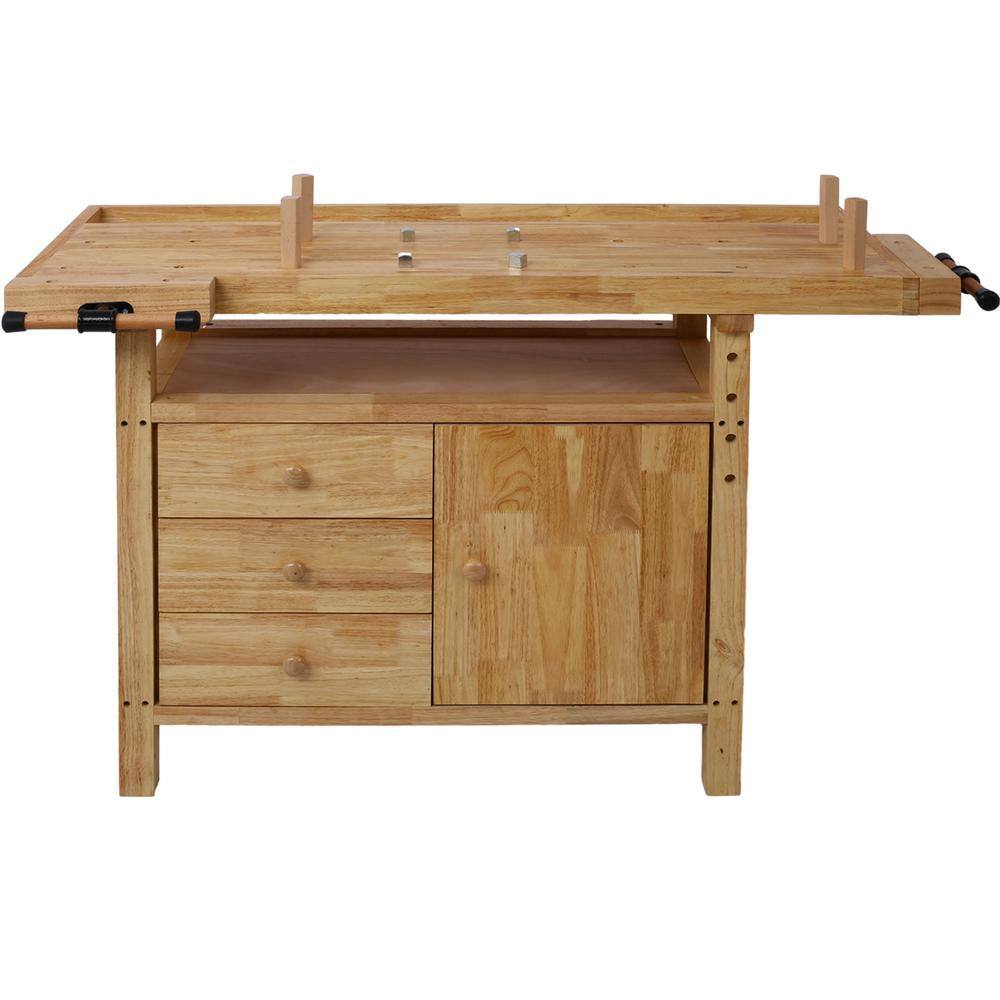 GOGEXX 50 in. W Wood Workbench Rubberwood Workbench with 4-Drawers YM ...