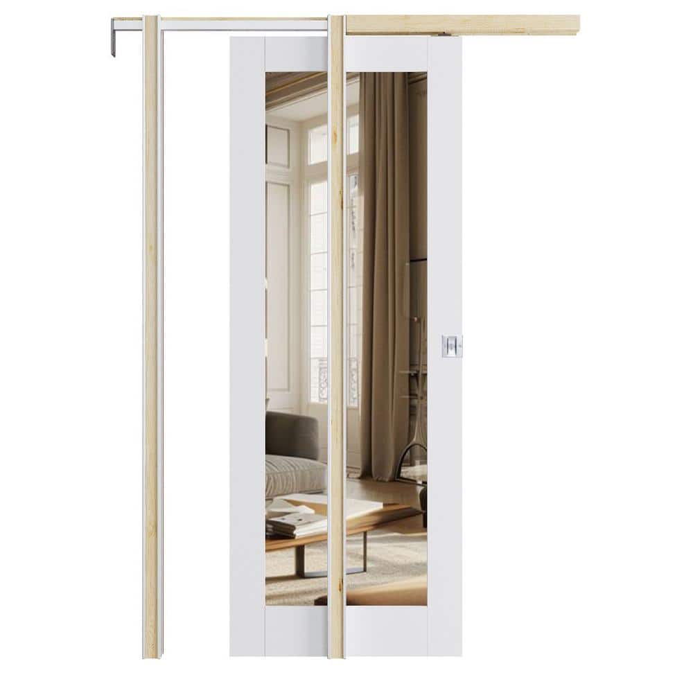 ARK DESIGN 32 in. x 80 in. 1-Lite Mirrored Glass White Door with Pocket ...