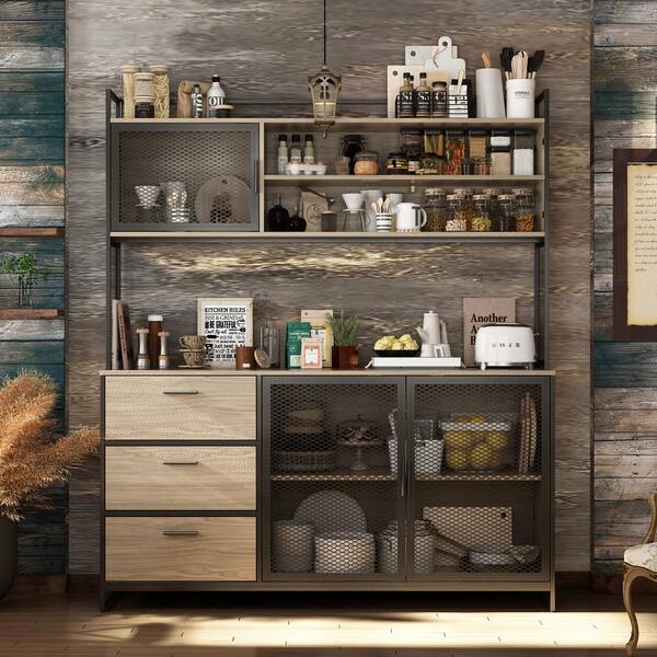 FUFU&GAGA 59 in. W Kitchen Light Brown Wood Buffet Sideboard Pantry Cabinet For Dining Room with ...