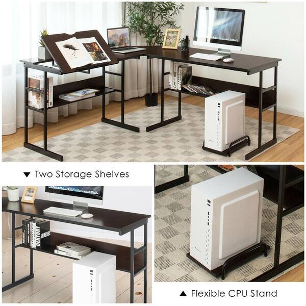 Gymax 50.5 in. L Shaped Espresso Wood Computer Desk Drafting Table Workstation Tiltable Tabletop GYM06765 The Home Depot