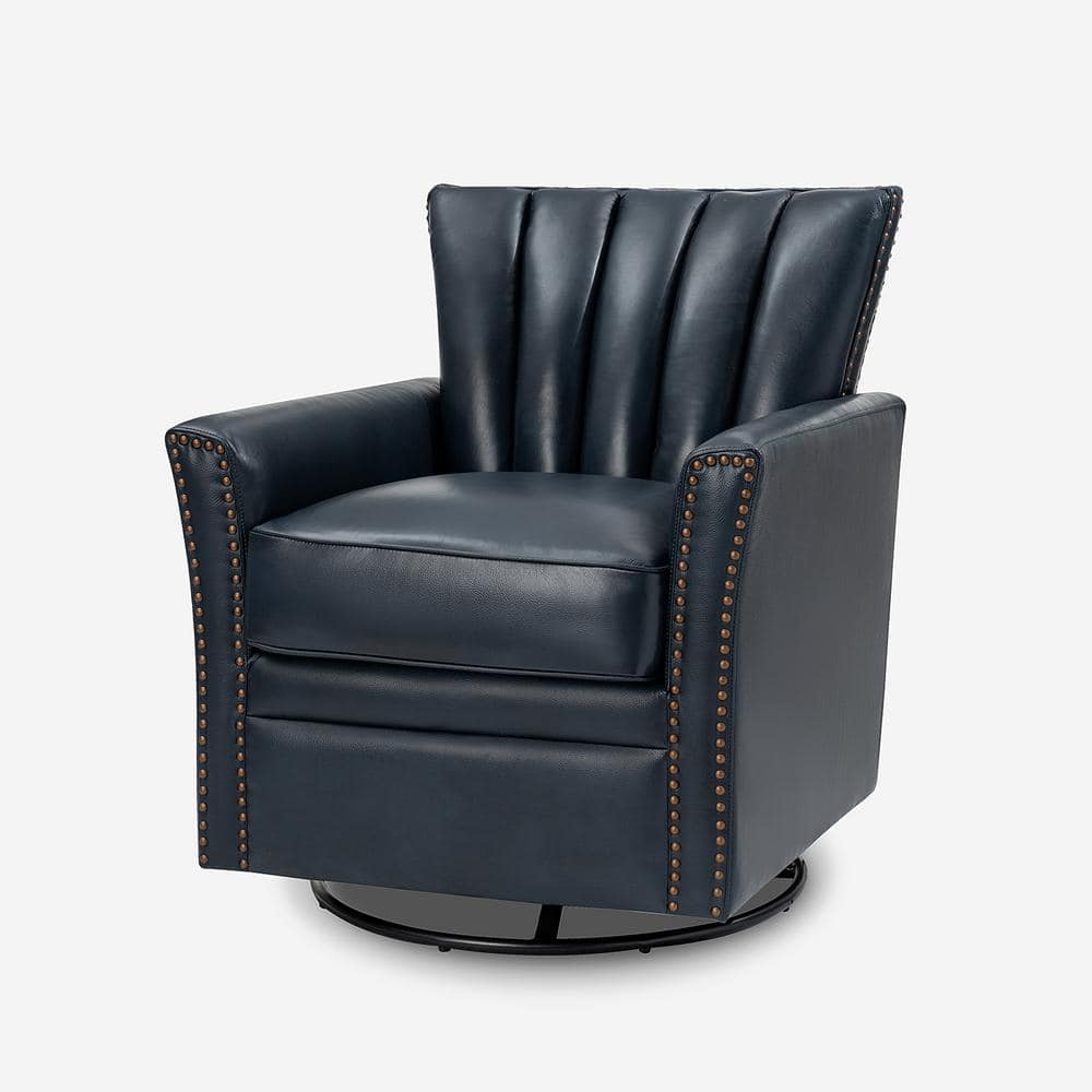 JAYDEN CREATION Adela Navy Genuine Leather Swivel Rocking Chair with ...