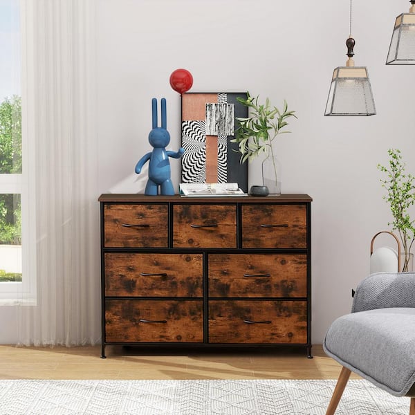 WONDER COMFORT Freestanding Rust Brown 7 Drawer 11.8 in. Wide Chest of Drawers Chest Tower TV Stand with Wood Top for Closet Bedroom TN 7Drw RB