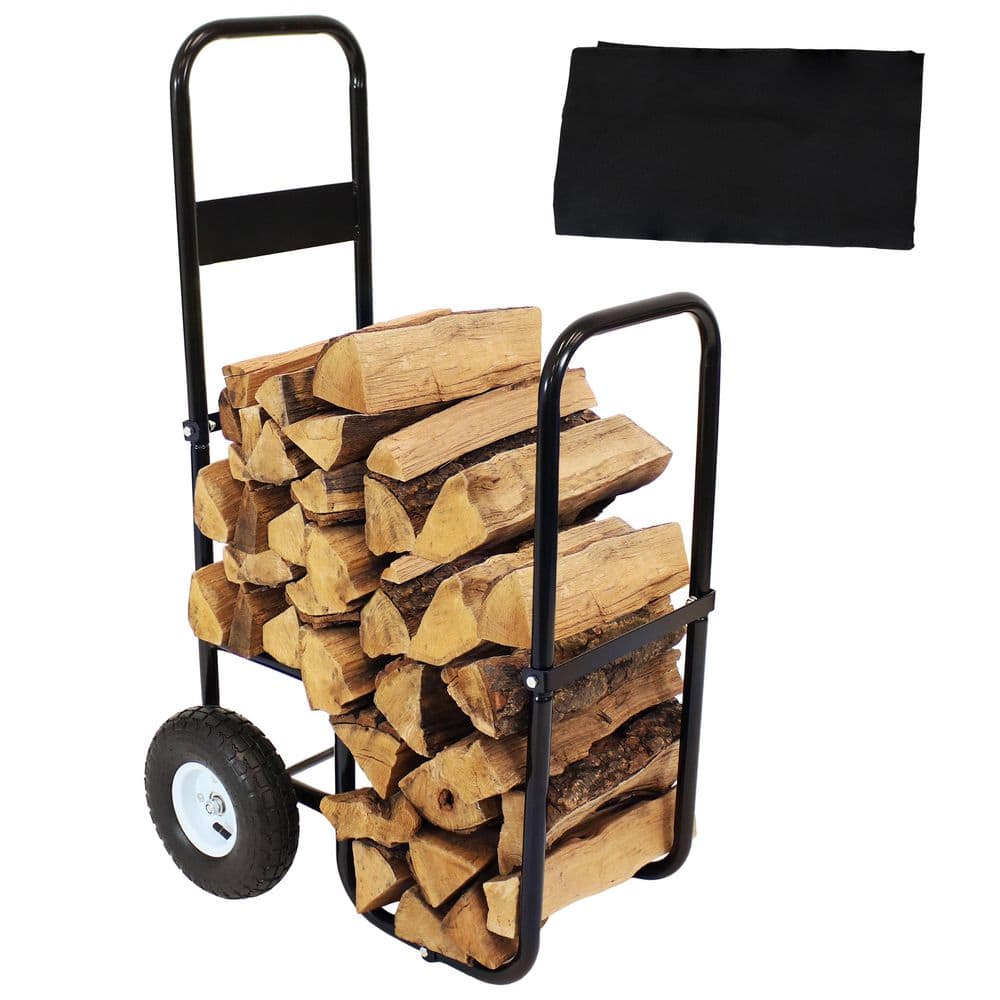 Sunnydaze Steel Firewood Log Cart Carrier with Cover in Black QX-FLC ...
