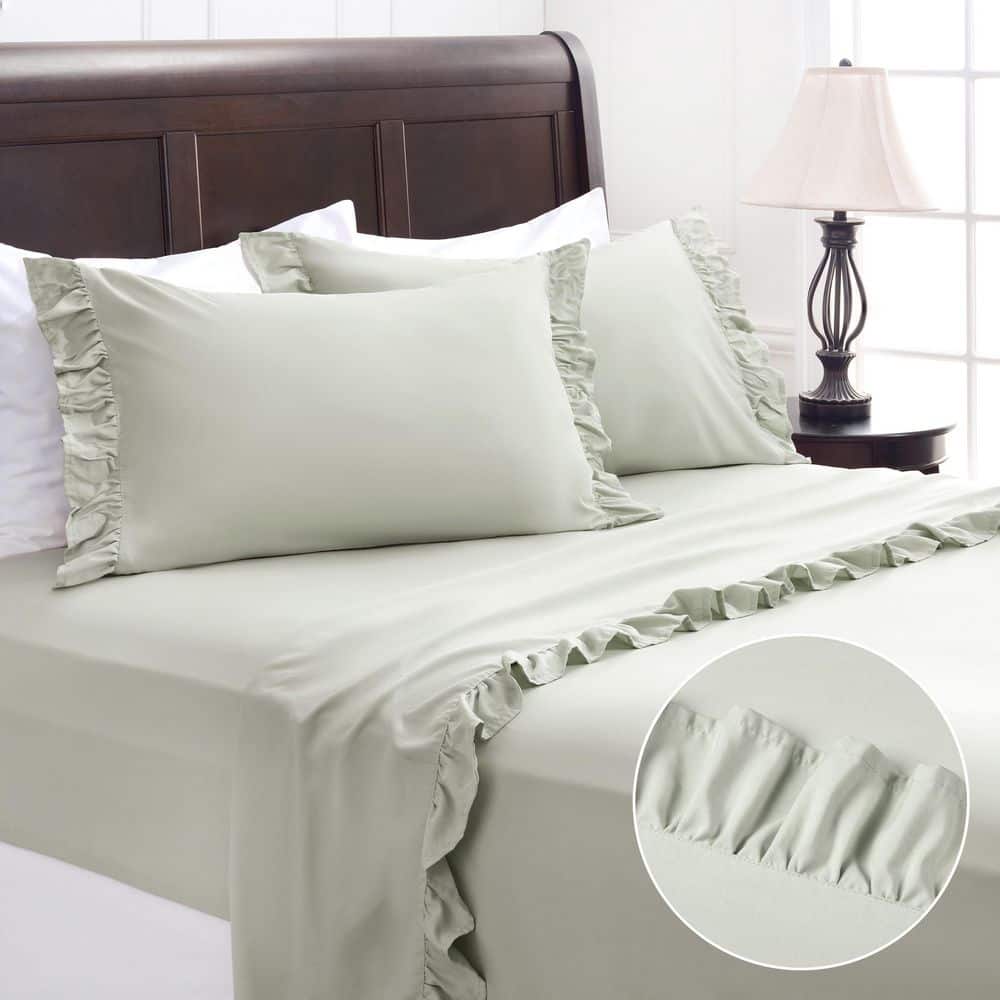 CHANASYA 4-Piece Ruffle Chic Sage Microfiber Bedsheets Set, Full CAN-CS ...
