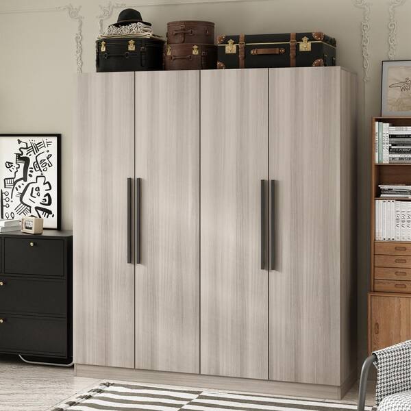 FUFU GAGA Gray Wood 63 in. W 4 Door Wardrobe Armoires with Hanging Rod and Storage Shelves 70.9 in. H x 19.7 in. D KF210109 1011