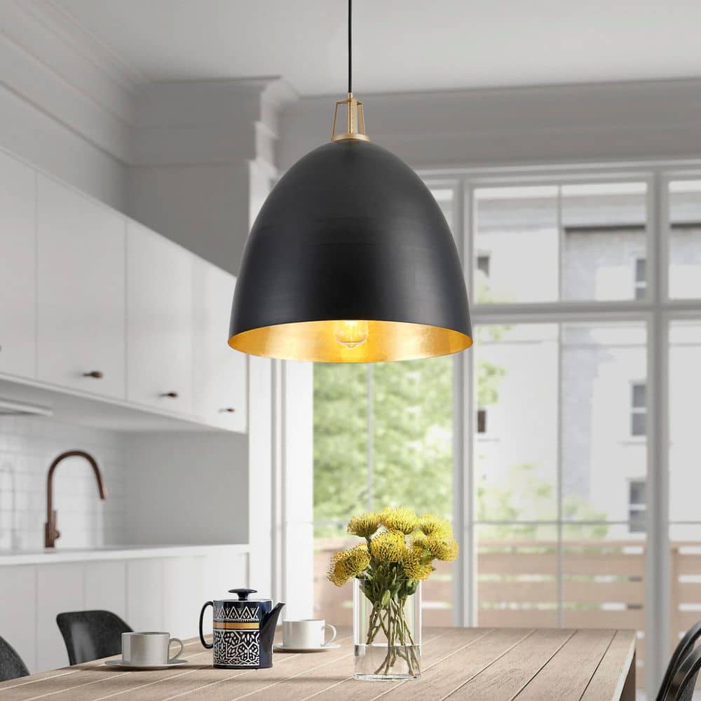 DEWDROP 17.32 in. Industrial Black Dome Metal Hanging Pendant Light ...