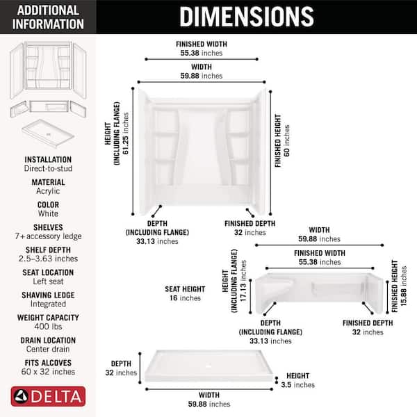 Delta Classic 500 Left Seat 60 in. x 32 in. x 75.88 in. H Alcove Shower ...