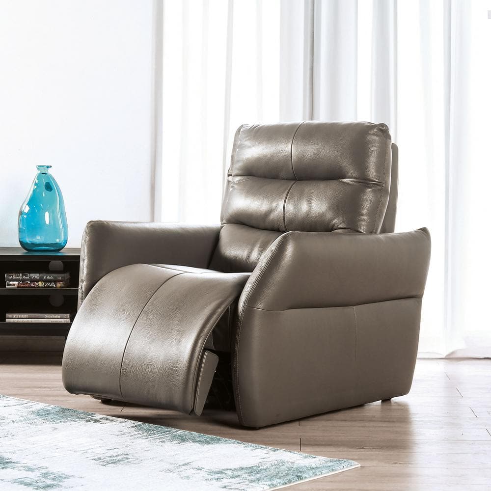 Furniture of America Emery Gray Leather Power Recliner Chair with ...