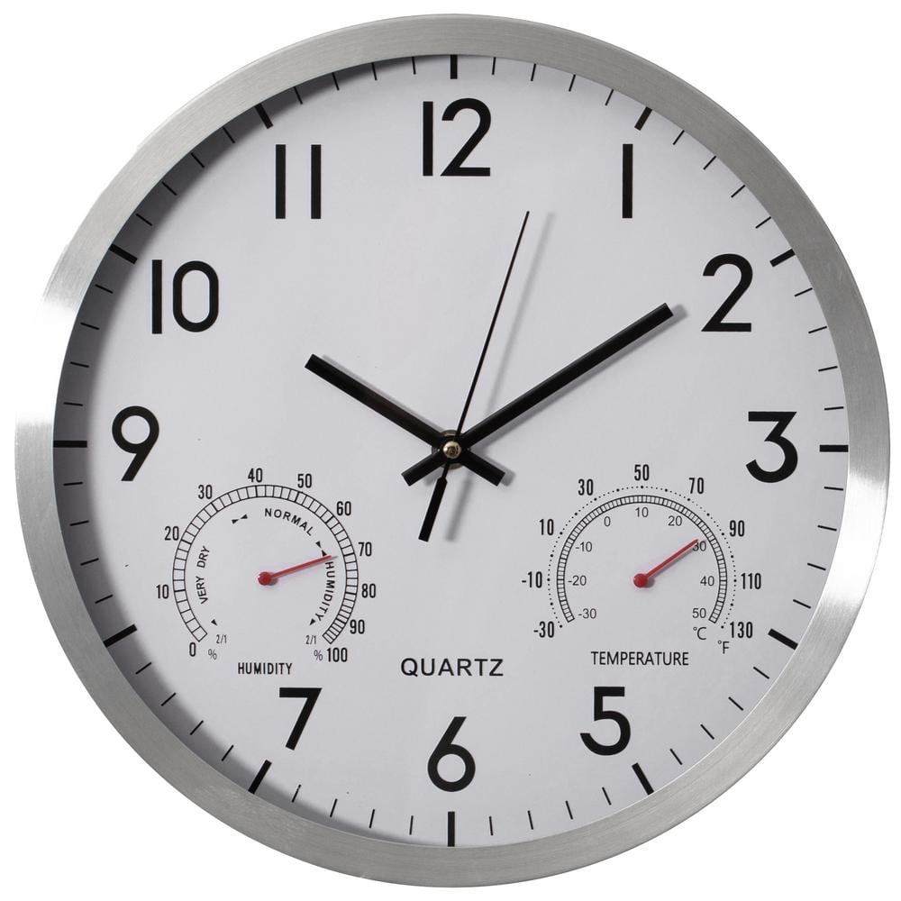 CLOCKSWISE 12 in. Non-Ticking Silver Wall Clock with Thermometer ...