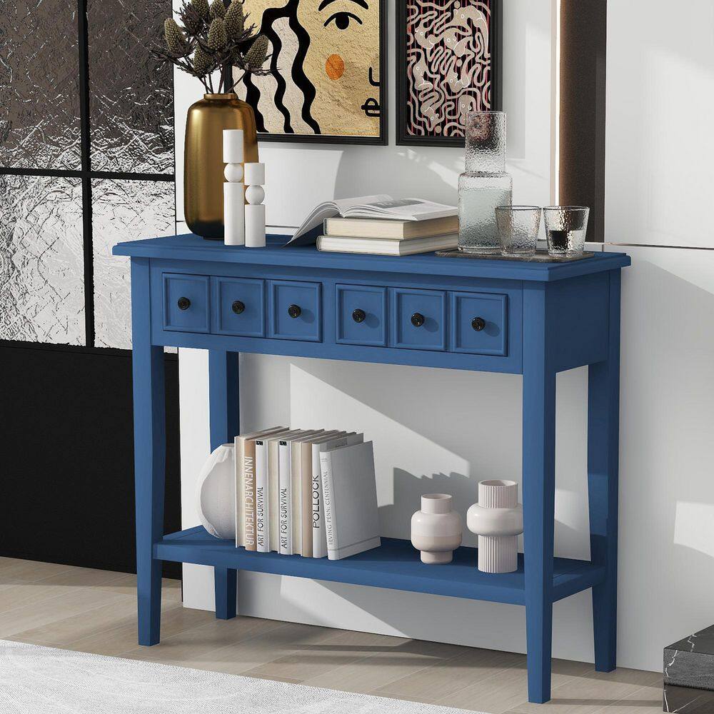 Polibi 38.2 in. Navy Rectangle Wood Console Table Entryway Table RS519 ...