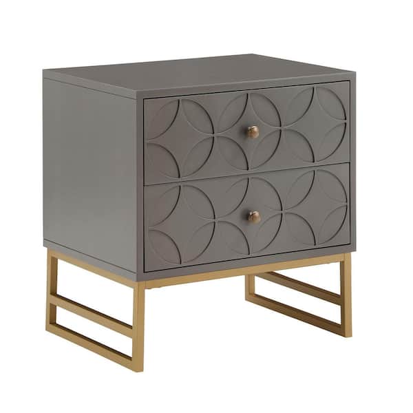 2 Drawer Grey Arched Diamond Gold Metal Nightstand 24.49 in. H x 23.5 in. W x 17.76 in. D