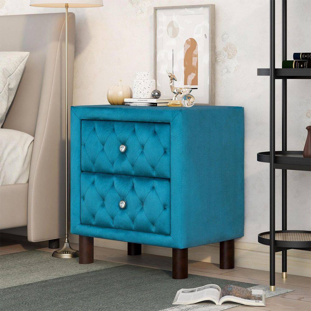 VERYKE 2-Drawers Lake Blue Upholstered Wooden Nightstand with Velvet ...