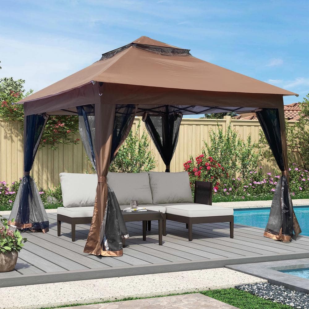 Huluwat 11 ft. x 11 ft. Brown 2-Tier Soft Top Pop Up Gazebo Canopy with ...