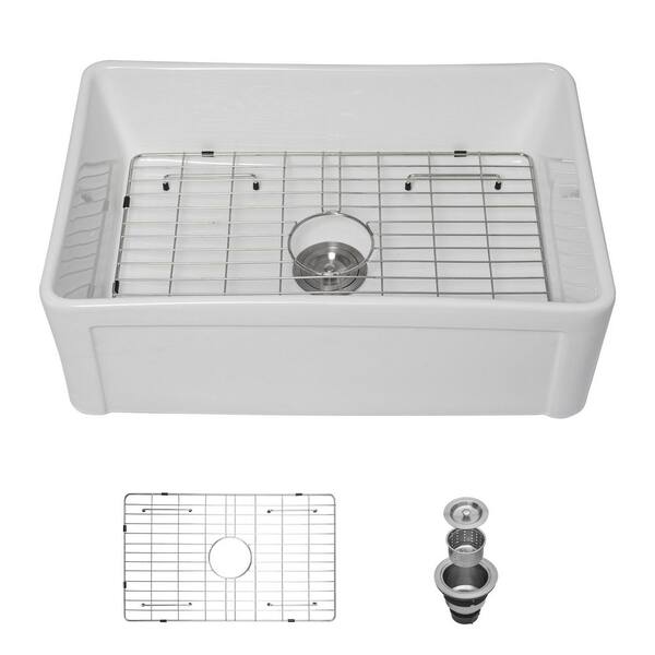 Qidian 30 in. Farmhouse Apron Front Single Bowl White Ceramic ...