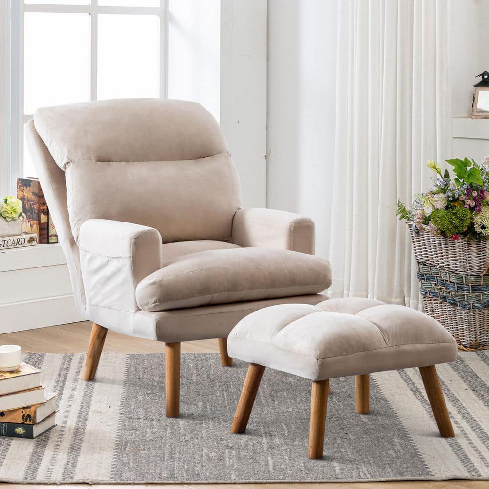 Bestier Beige Velvet Accent Chairs with Ottoman, Fabric Recliner Accent ...