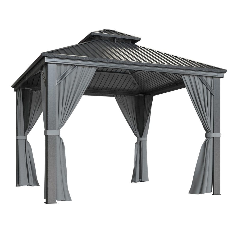 VIWAT 10 ft. x 10 ft. Wood Grain Aluminum Double Hardtop, Galvanized Steel Double Roof Gazebo ...