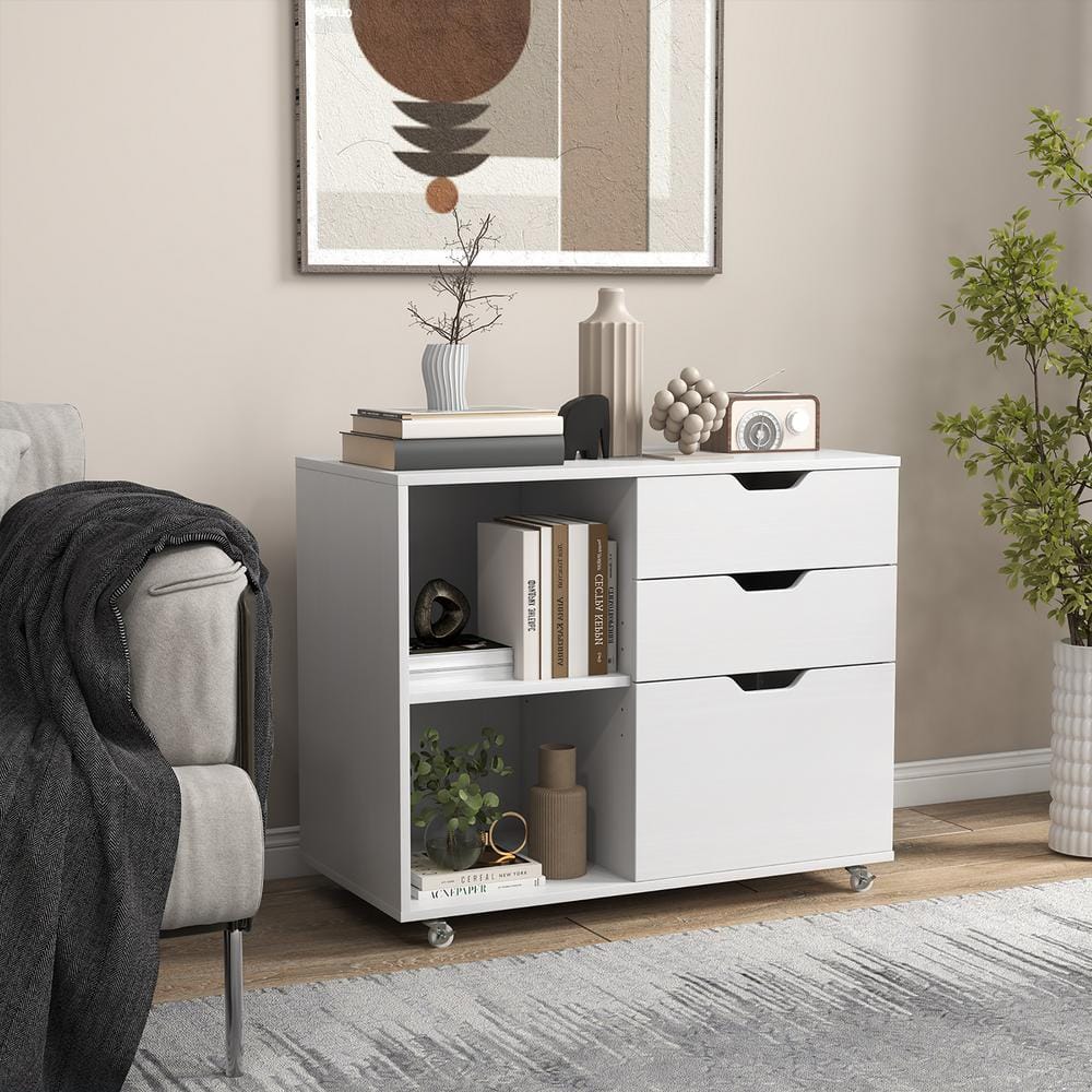 Gymax 3-Drawer White Wood 32 in. W Vertical File Cabinet w/Open ...