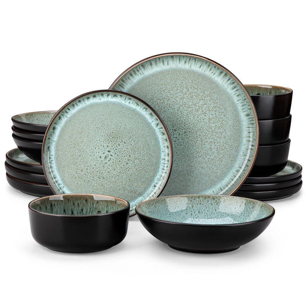 MALACASA 16-Piece Dark-Green and Black Stoneware Dinnerware Set Service ...