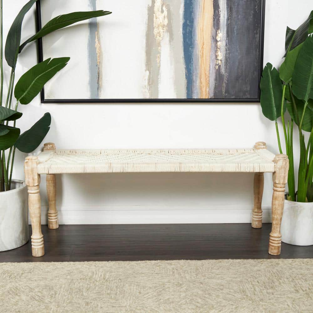 Litton Lane Beige Handmade Woven Chevron Patterned Dining Bench with ...