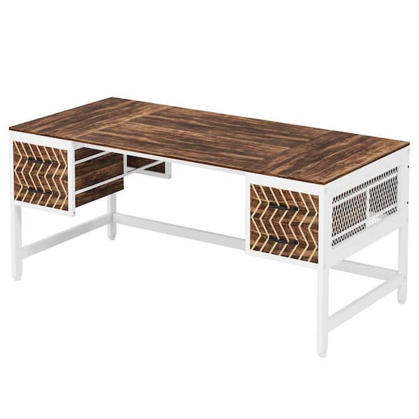 BYBLIGHT Moronia 63 in. Rectangular Brown White Wood 4-Drawer Computer ...