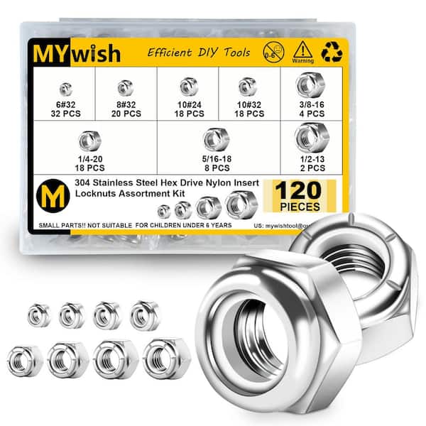 MYWISH 120-Piece SAE Nylon Insert Lock Nuts Assortment Kit, 304 ...