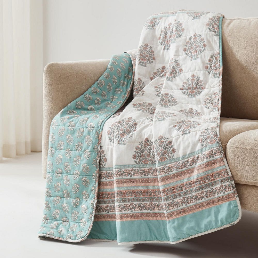 Lush Decor Sofia Flower Block Bouquet Reversible Clay/Teal Cotton Throw ...