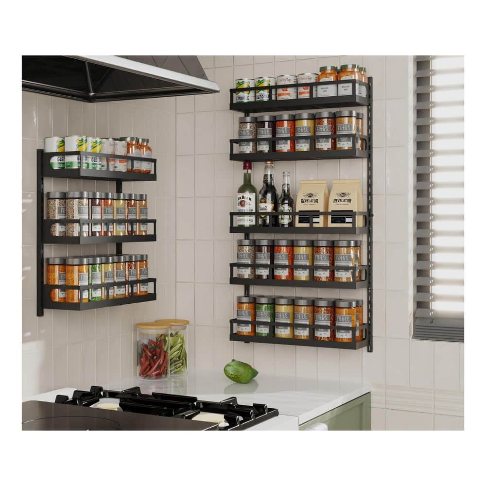 Wudkey 5-Tier Black Metal Height-Adjustable Hanging Spice Racks, Wall ...