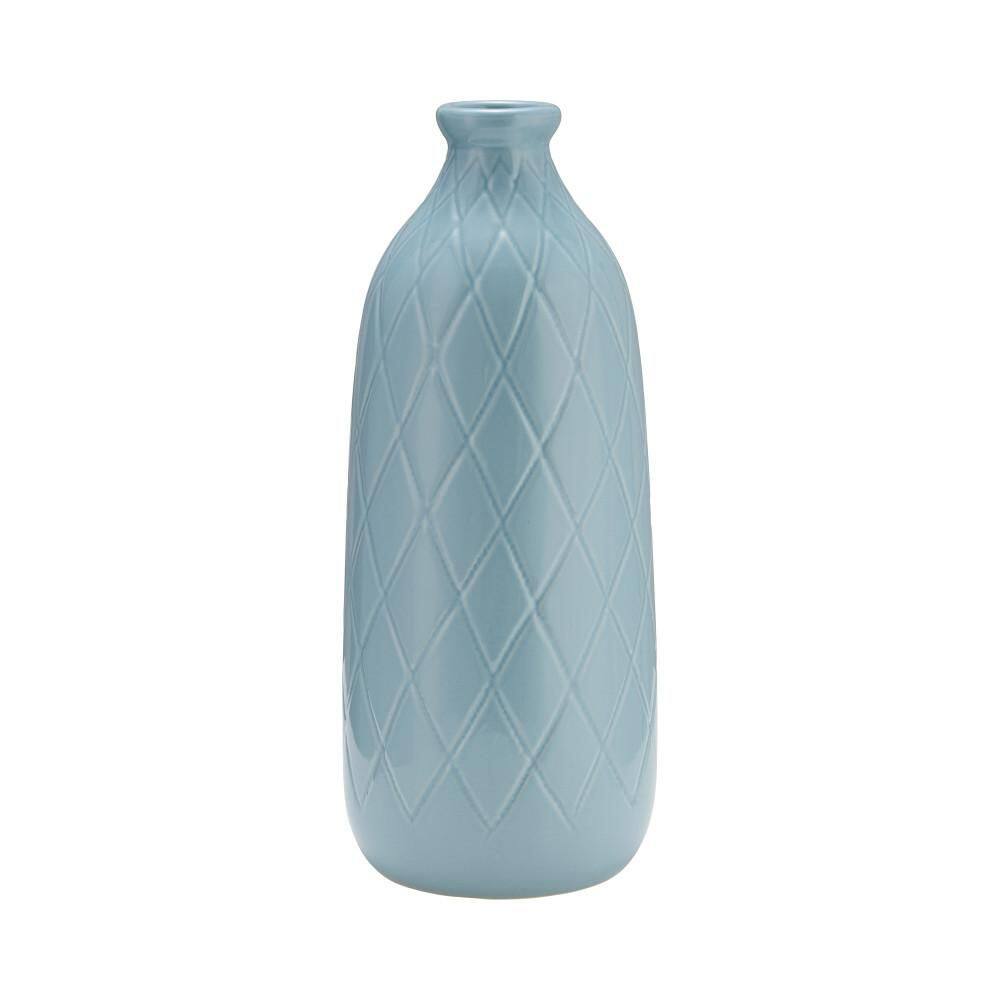 Liv & Skye 16 in. Blue Ceramic Cylinder Decorative Vase with Plaid ...