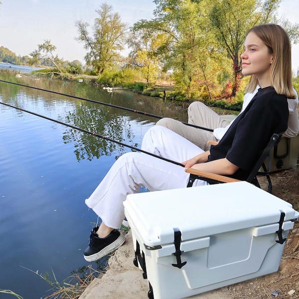 Zeus & Ruta 65 qt. White Outdoor Portable Camping Cooler with Wheels ...