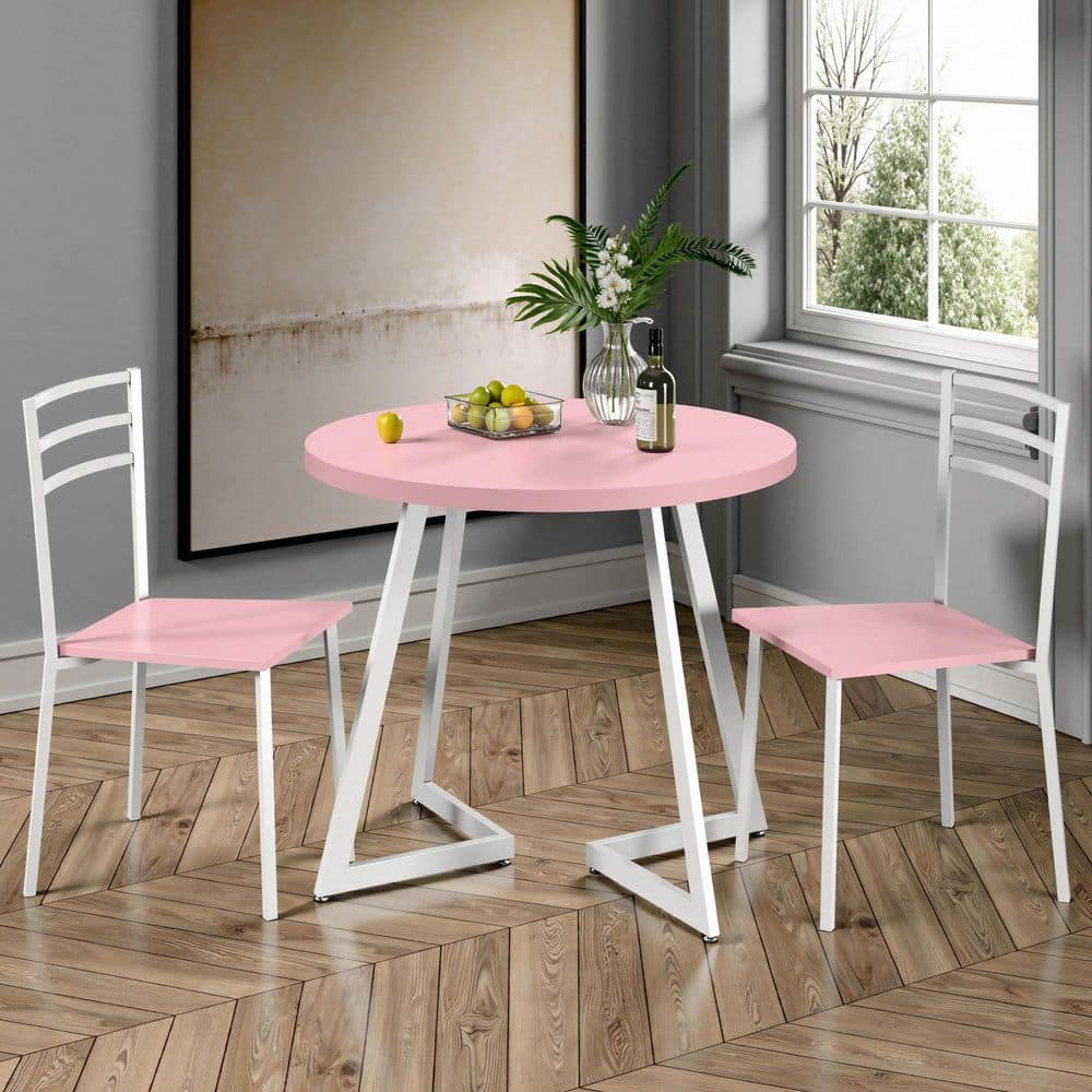 VECELO Round Dining Table Set (3-Piece) Modern Wood Tabletop & Metal ...