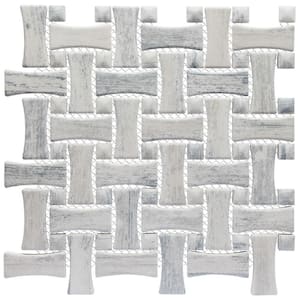 Merola Tile Metro Dog Bone Basketweave White with Cobalt Dot 6 in. x 6 ...