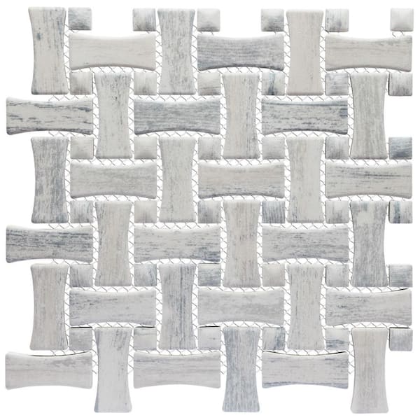 Merola Tile Cassis Dog Bone Basketweave White with White Dot 6 in. x 6 ...