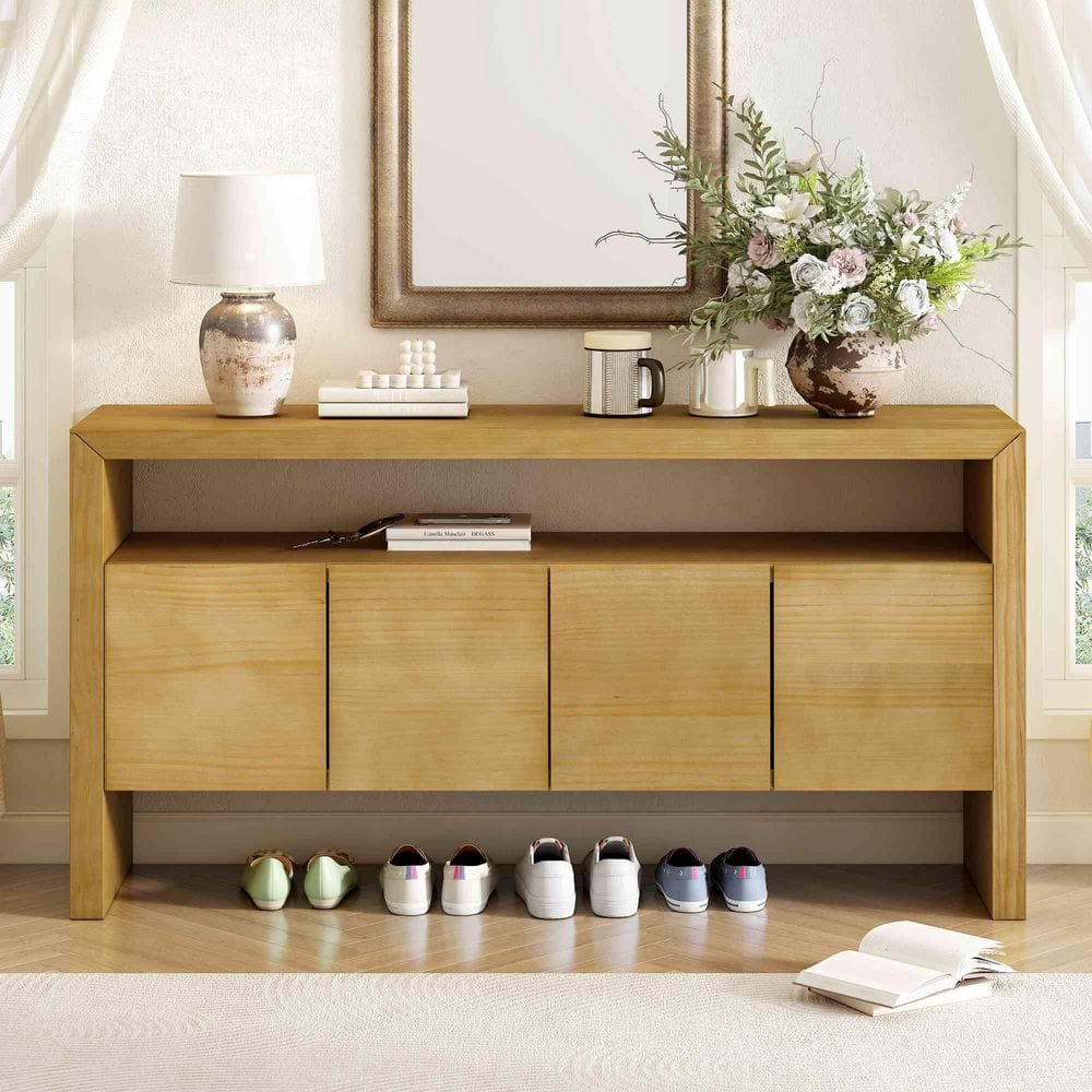 Polibi Natural Wood 60 in. Sideboards with Open Shelf and 4-Door ...