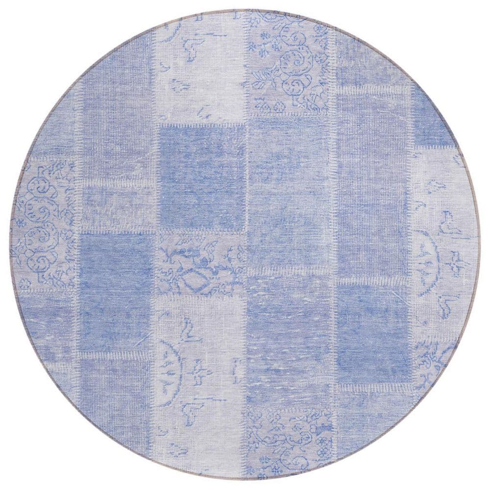 HomeRoots Sky Blue, Denim Blue 8 ft. Round Woven Plaid Polyester Round ...