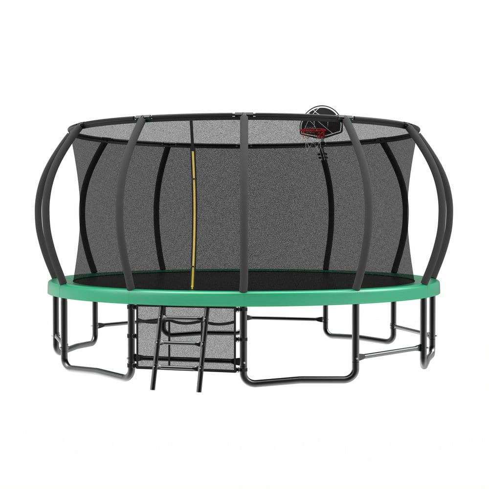 15 ft. Outdoor Round Green Trampoline with Enclosure Net, Storage ...