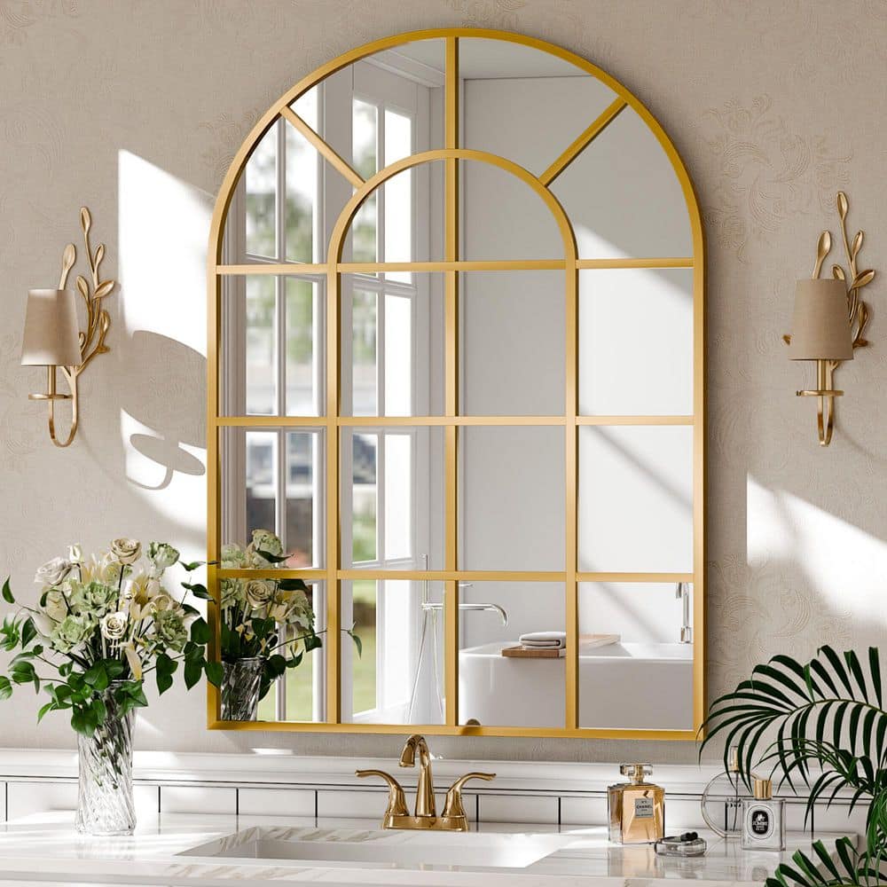 XRAMFY Gold 30 in. W x 40 in. H Arched Windowpane Aluminum Alloy Framed ...