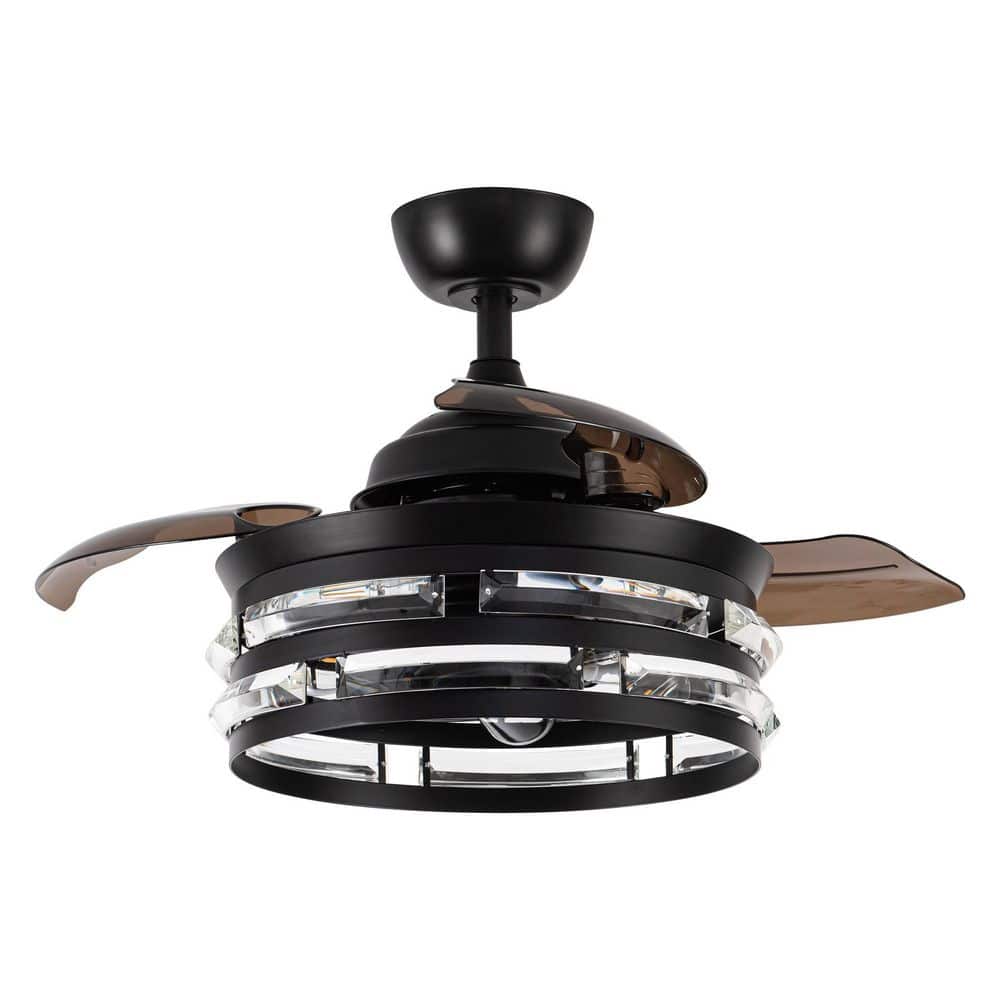 Flint Garden 36 in. Indoor Black Metal and Crystal Retractable Ceiling Fan with Light and Remote ...